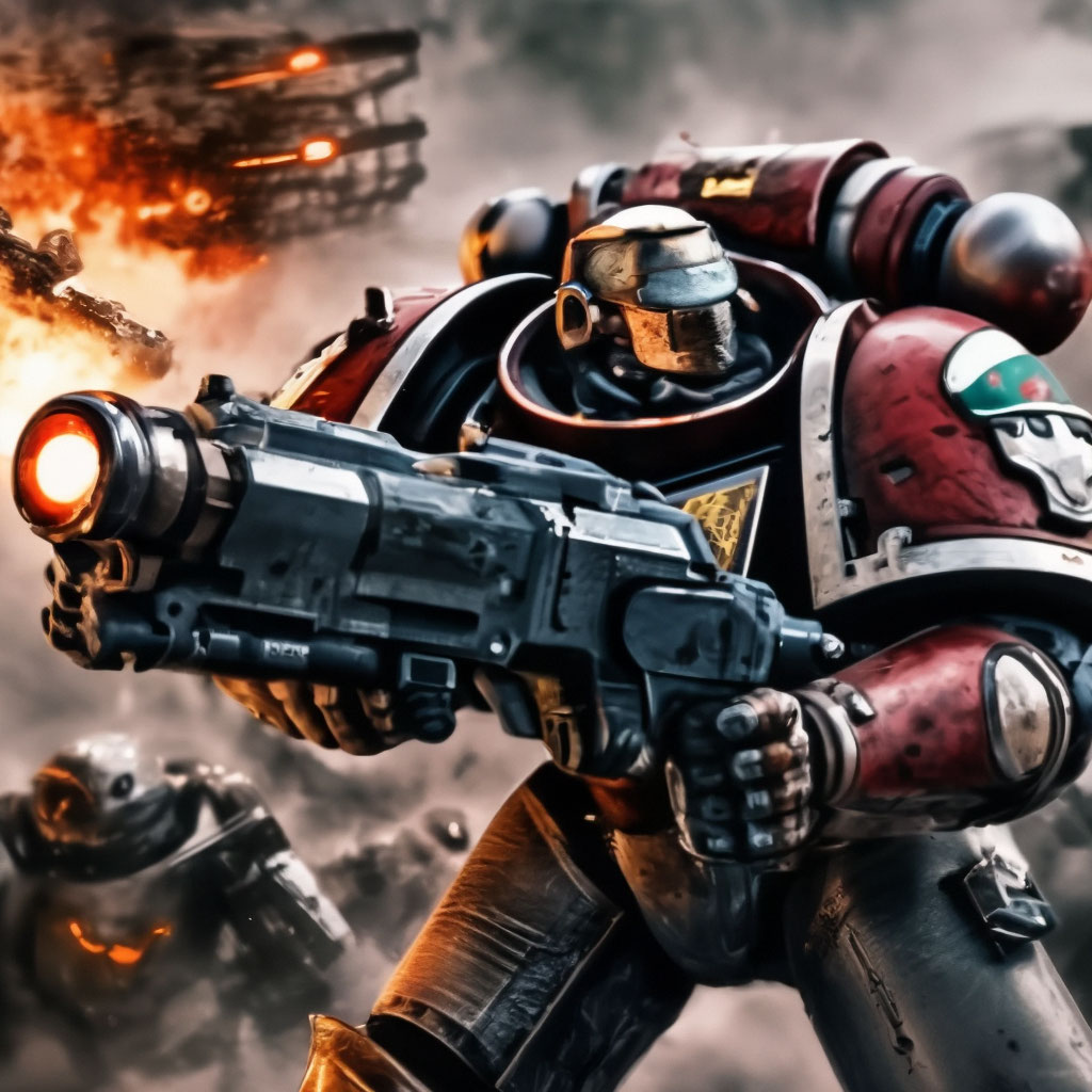 "Blaster, hand-held beam weapon made of shiny metal, a space marine ...