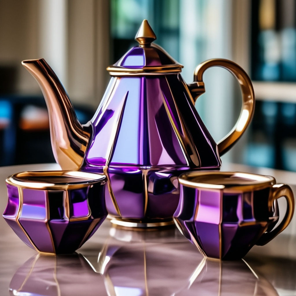 "Tea set made of pieces of purple mirror teapot and mugs in the shape ...