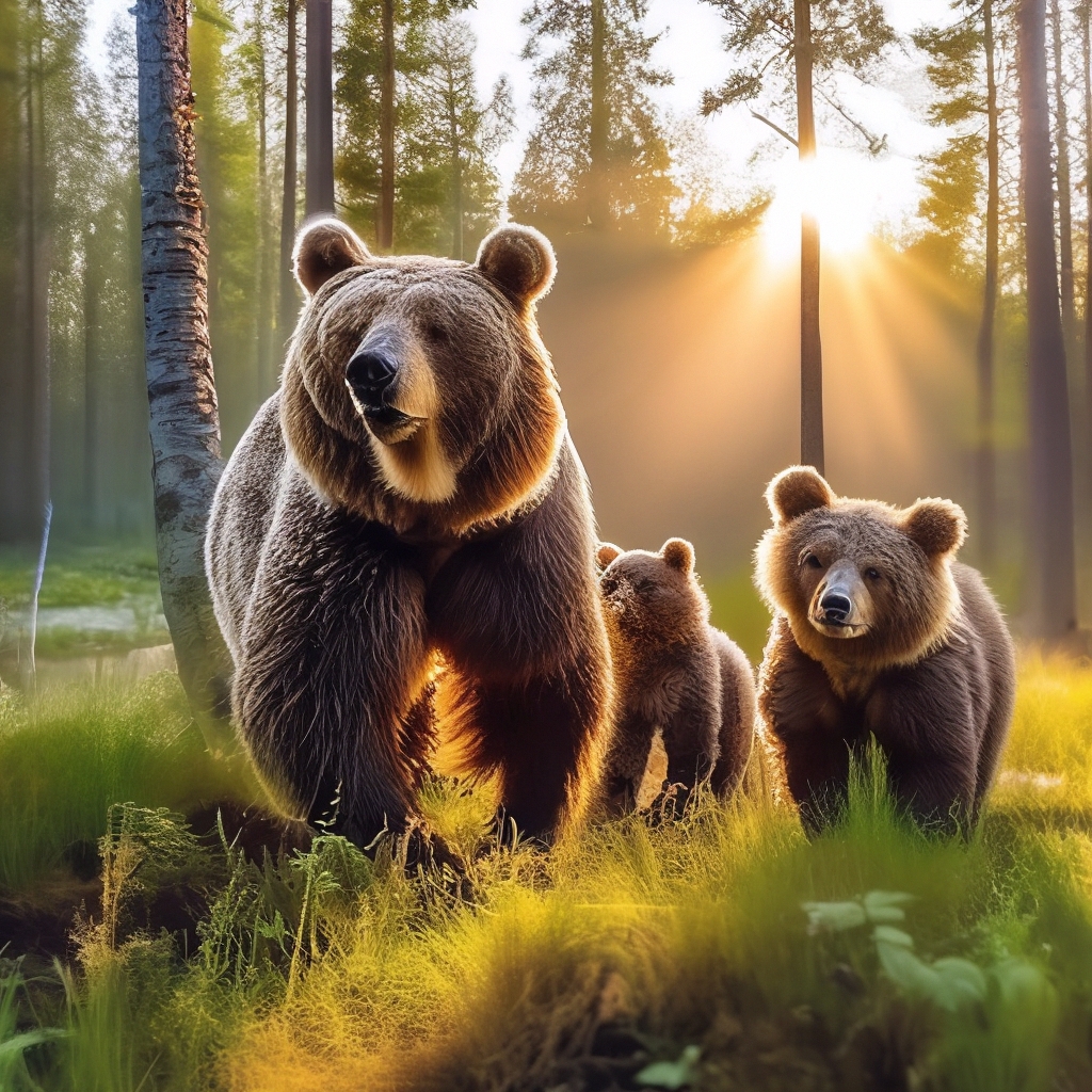 "Russia Realistic, 32k professional photo, high quality. At dawn. a big shaggy brown bear, a ...
