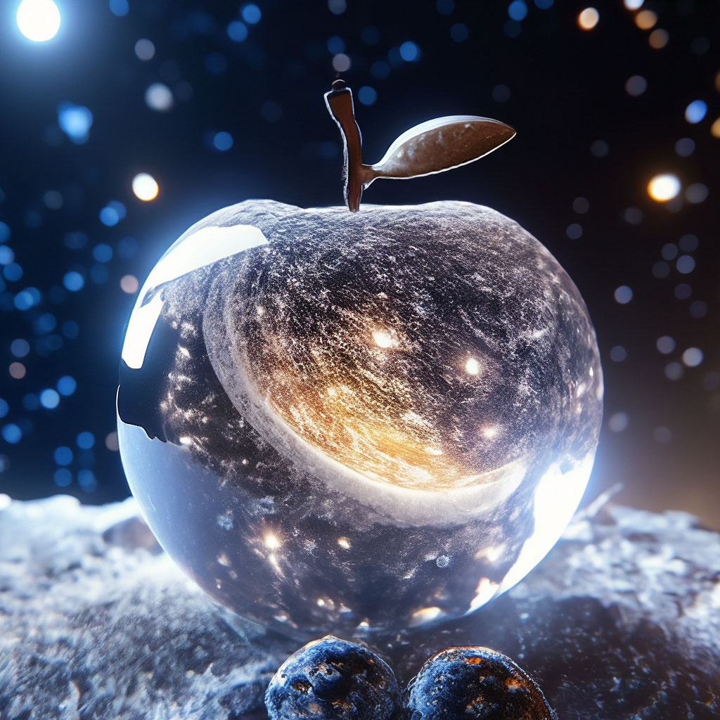 "An epic crystal apple with a glowing galaxy inside, planets ...