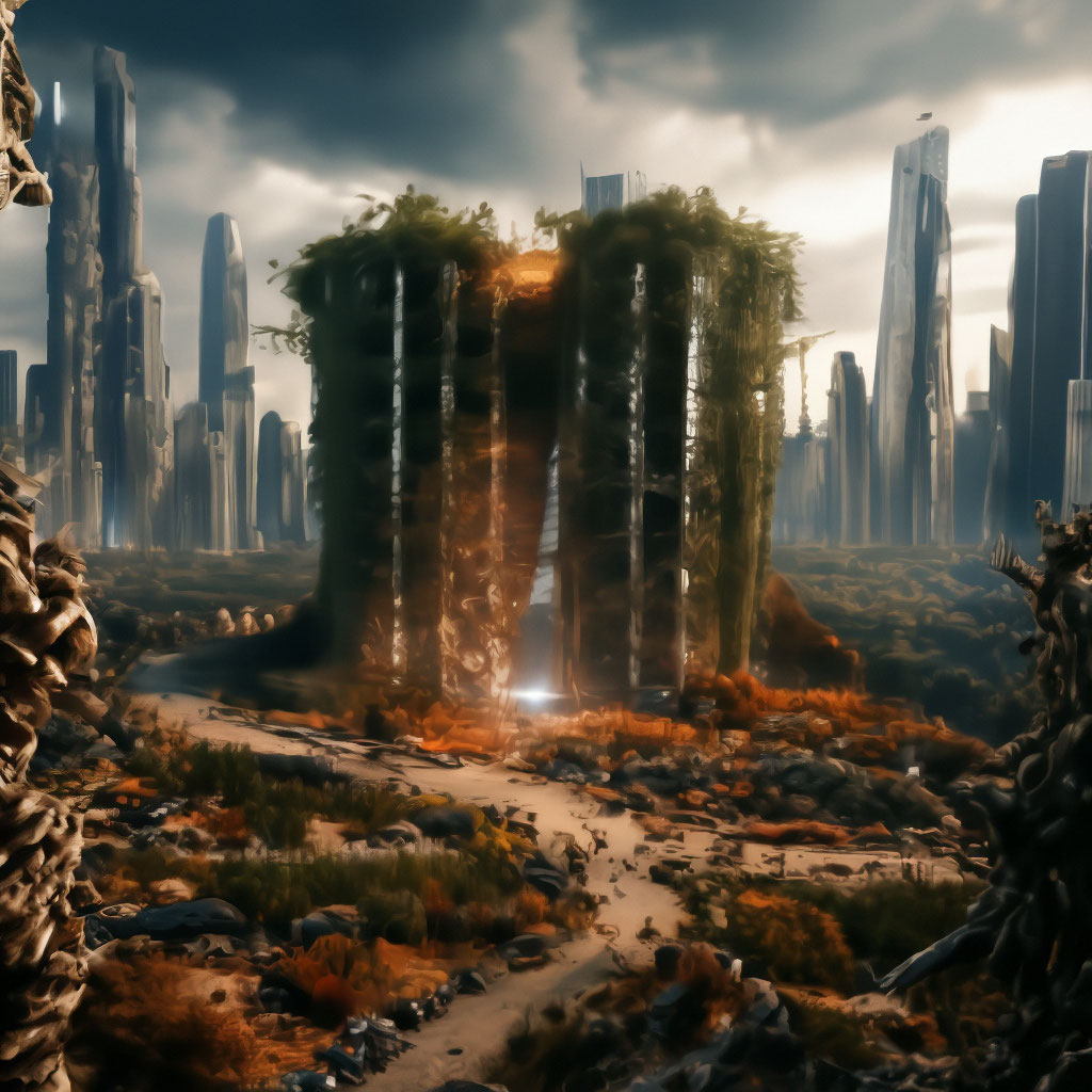 "The world of the future without people, top view, pause between dying ...