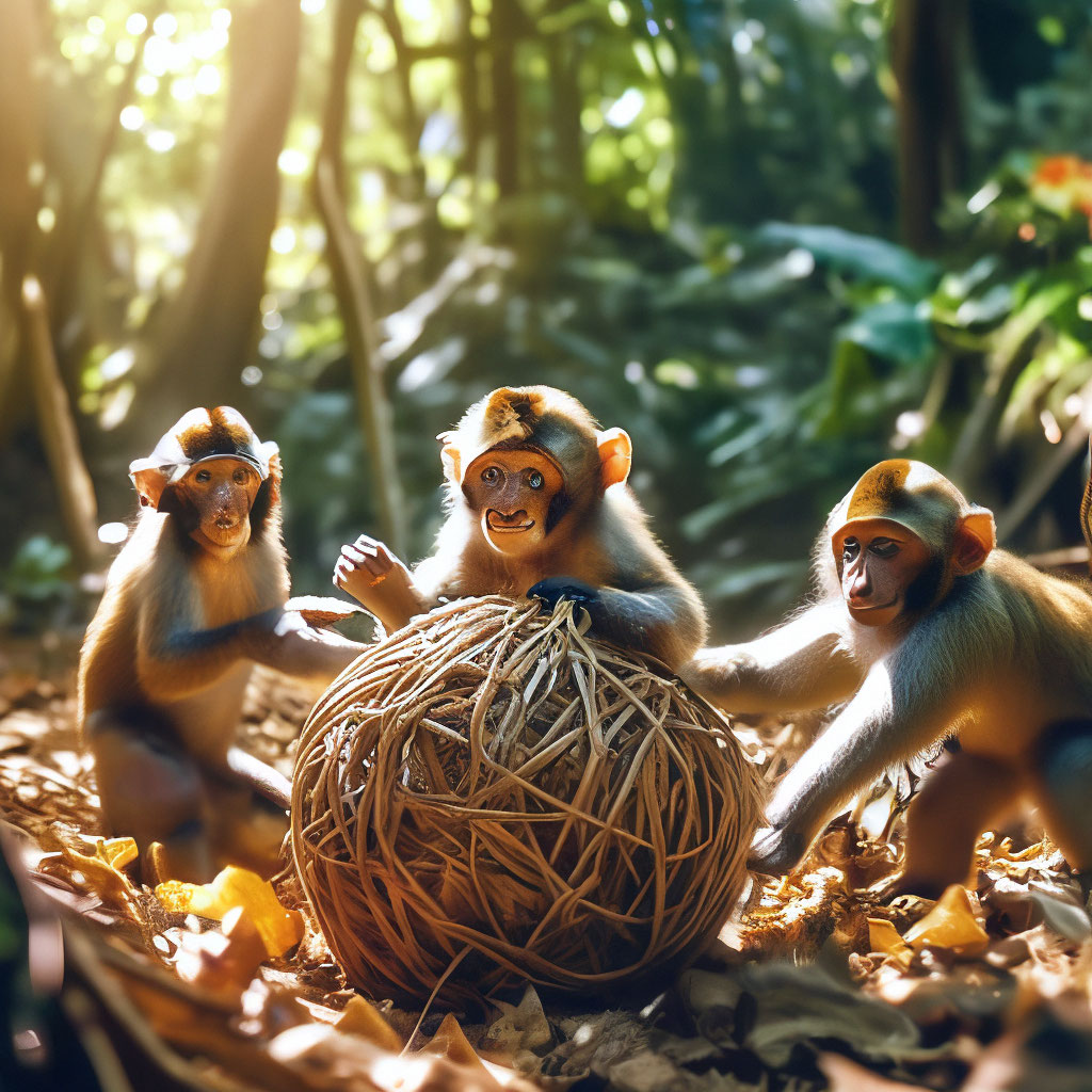 "Monkeys in the jungle playing with a tumbleweed ball, aesthetically ...