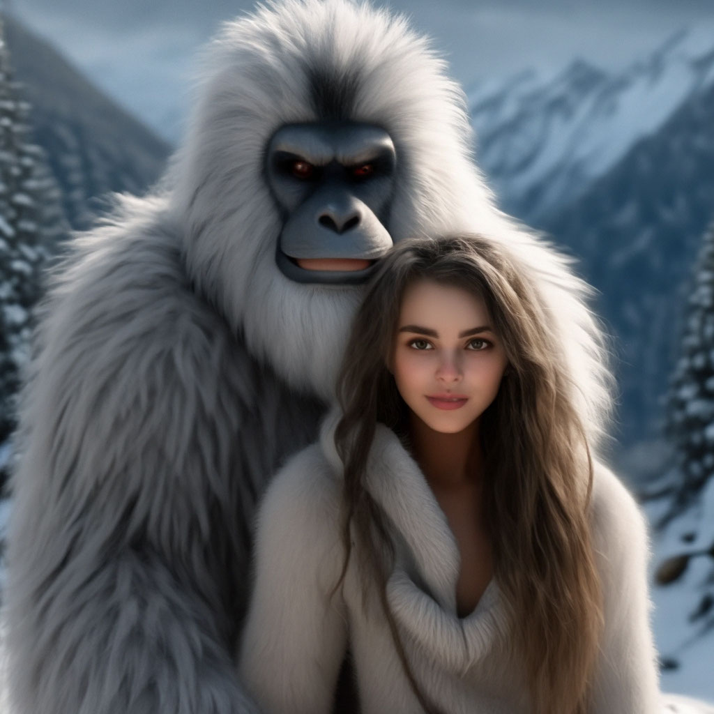 "Yeti walks with his snow girlfriend snowy forest,mountains ...
