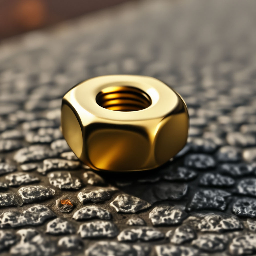 "Gold nut without bolt on asphalt" — image created in Shedevrum