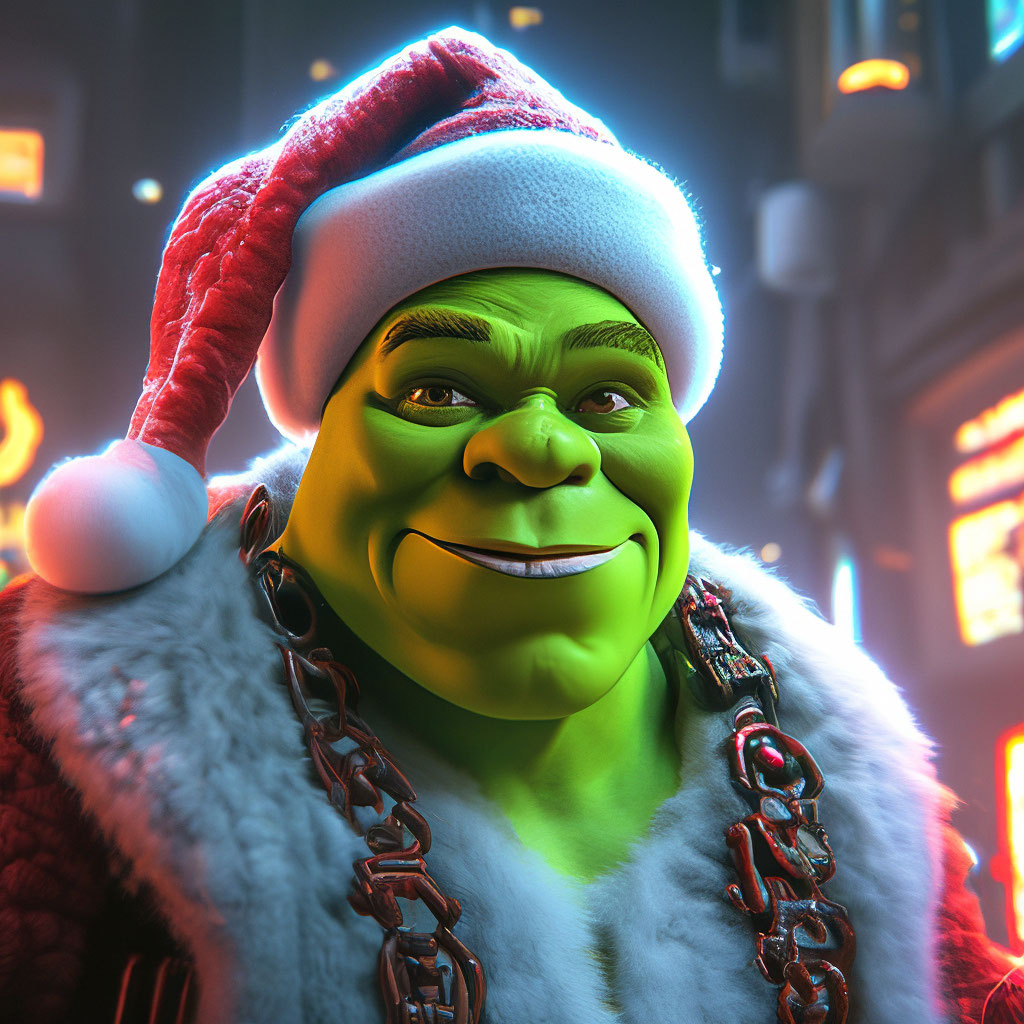 "Brutal shrek in a Santa Claus hat,cyberpunk,neon,+coherent, intricate ...