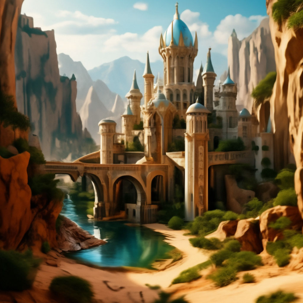 "Mini castle in an oasis, mountains, sand, mini sea nearby, beautiful ...