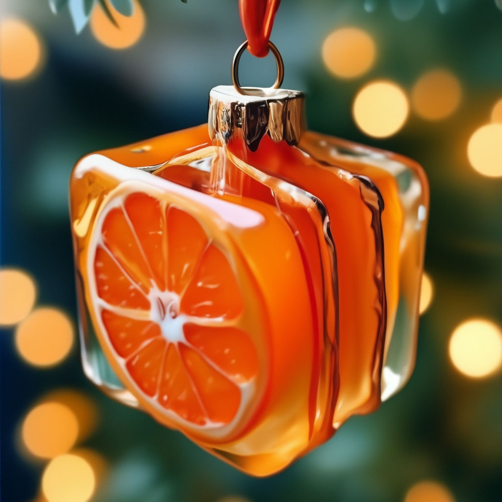"Tangerine cube on a string, stylized glass Christmas tree toy, bright ...