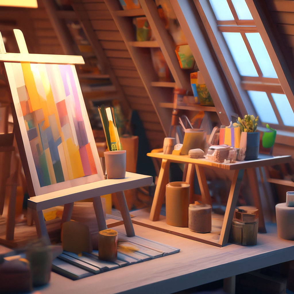 "Cubic cutout isometric attic artist's workshop stands easel with ...