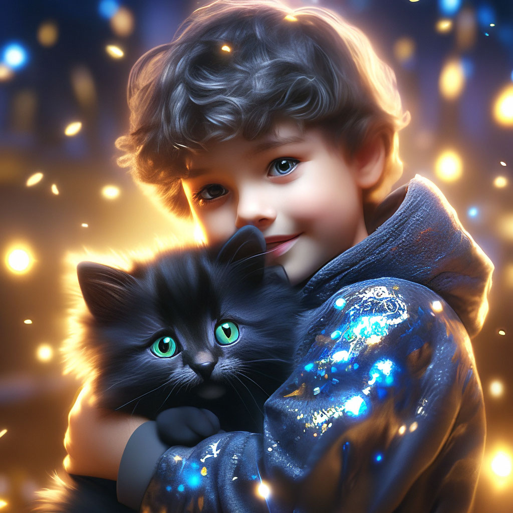 "Realistic photo, boy, hugs an unlucky black fluffy kitten and loves it ...