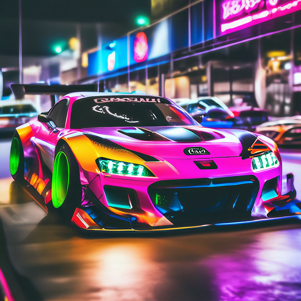 "Drift neon Mazda RX with tuning" — image created in Shedevrum