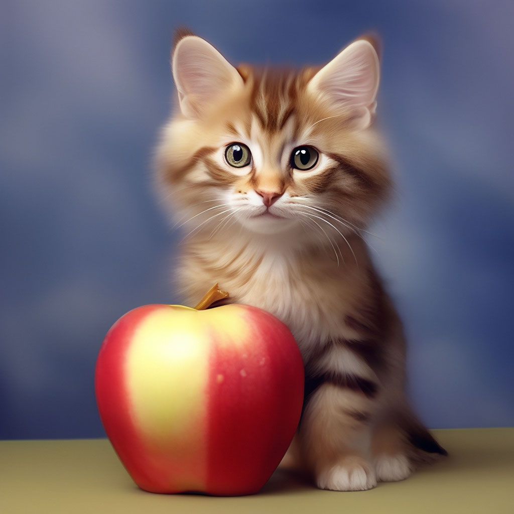 "A hybrid of a kitten and an apple" — image created in Shedevrum