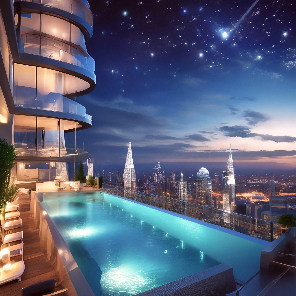 "Swimming pool on the balcony with a view of a tall beautiful building ...