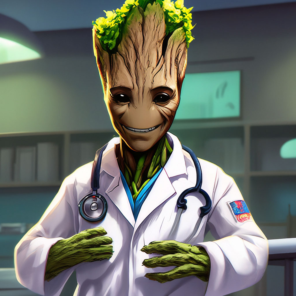 "Doctor Groot in a medical gown" — image created in Shedevrum