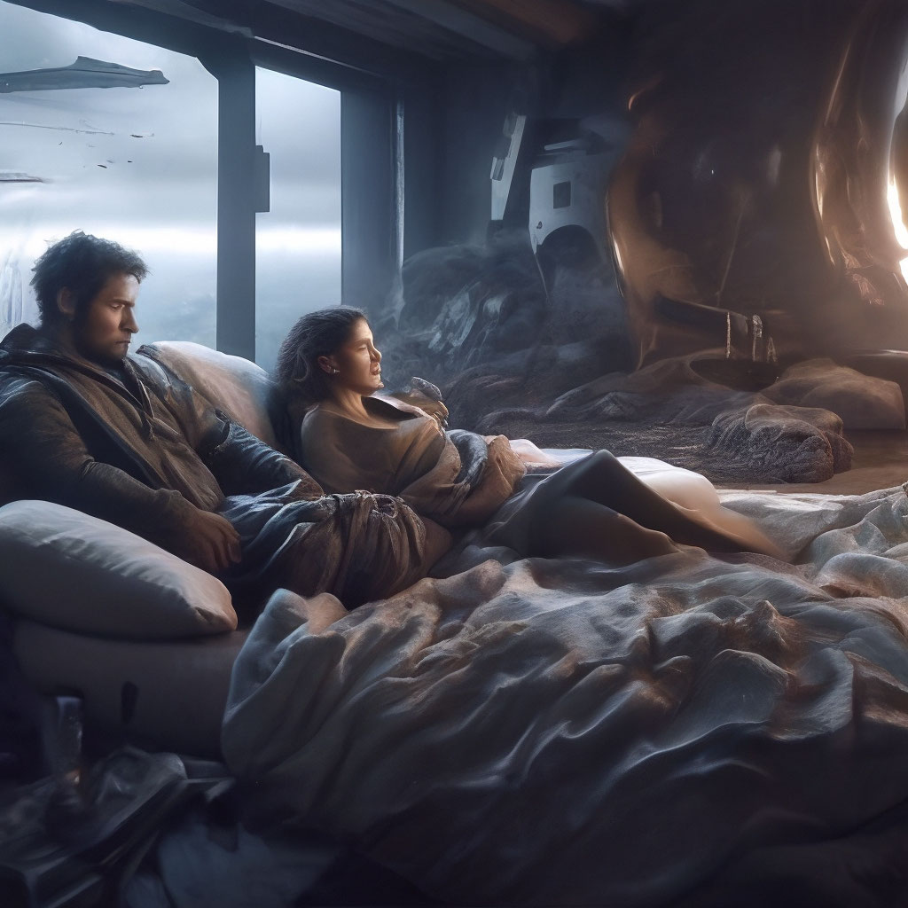 "A man and a woman turn over in bed. the overall plan is ...