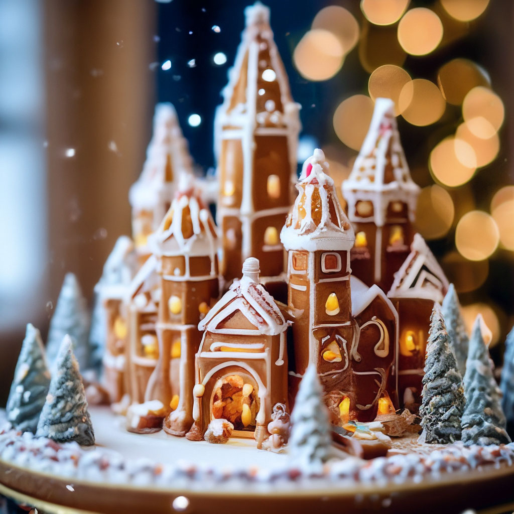 "Gingerbread palace, sweets, snow, New Year's atmosphere, delicious ...