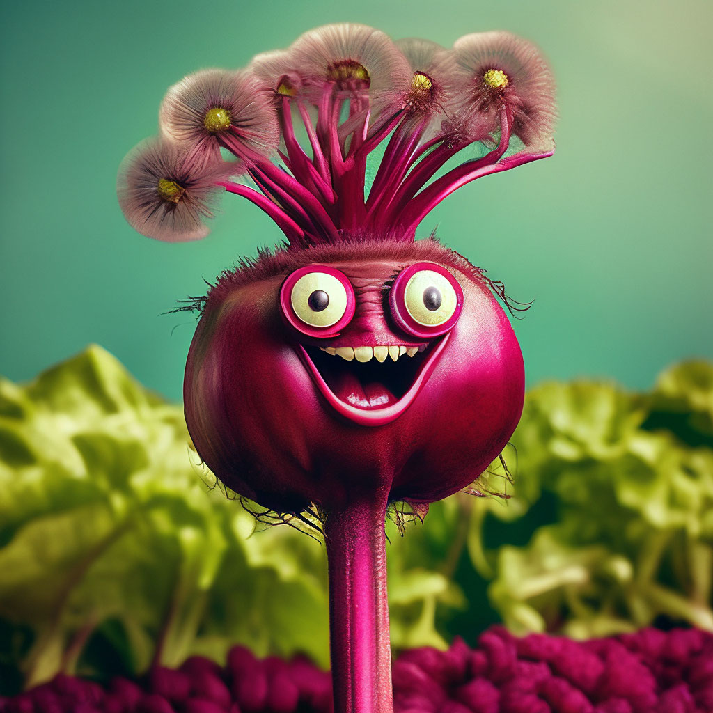 "A hybrid of dandelion and beetroot with eyes smiling in surprise ...