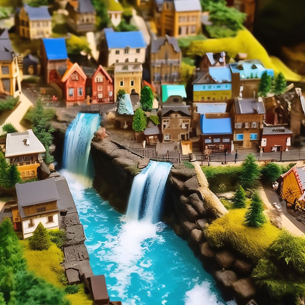 "A mini town with a river and a waterfall." — image created in Shedevrum