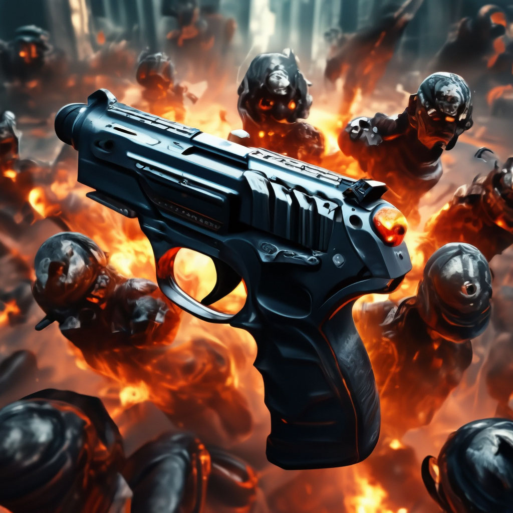 "Realistic gun surrounded by enemies, cool effects" — image created in ...