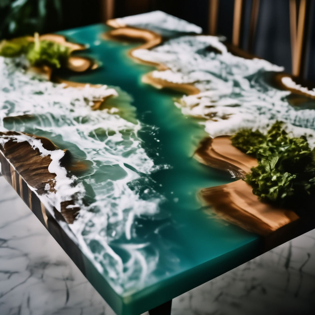 "Epoxy table from a parallel universe on a planet with lush white flora ...