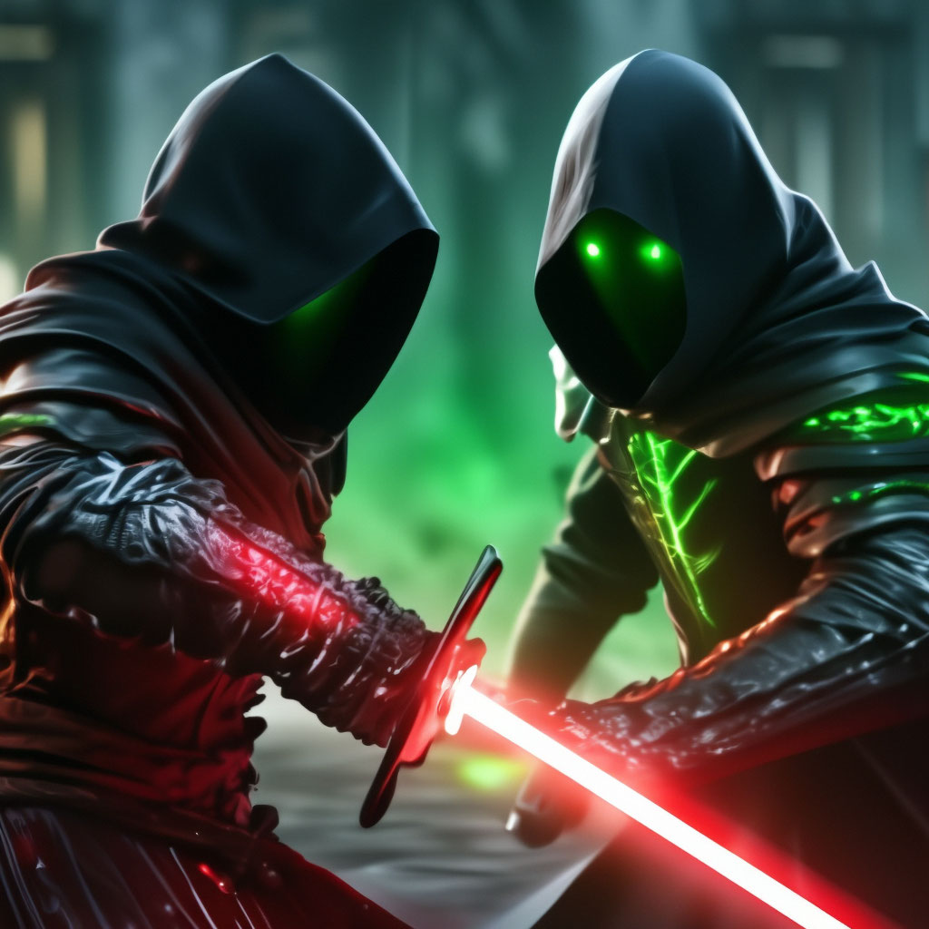 "Sword duel, swordsmen in black hoods with emerald and ruby blades ...