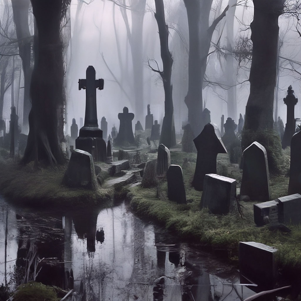 "Cemetery in the swamp, gloomy aesthetics, realistic, high resolution ...