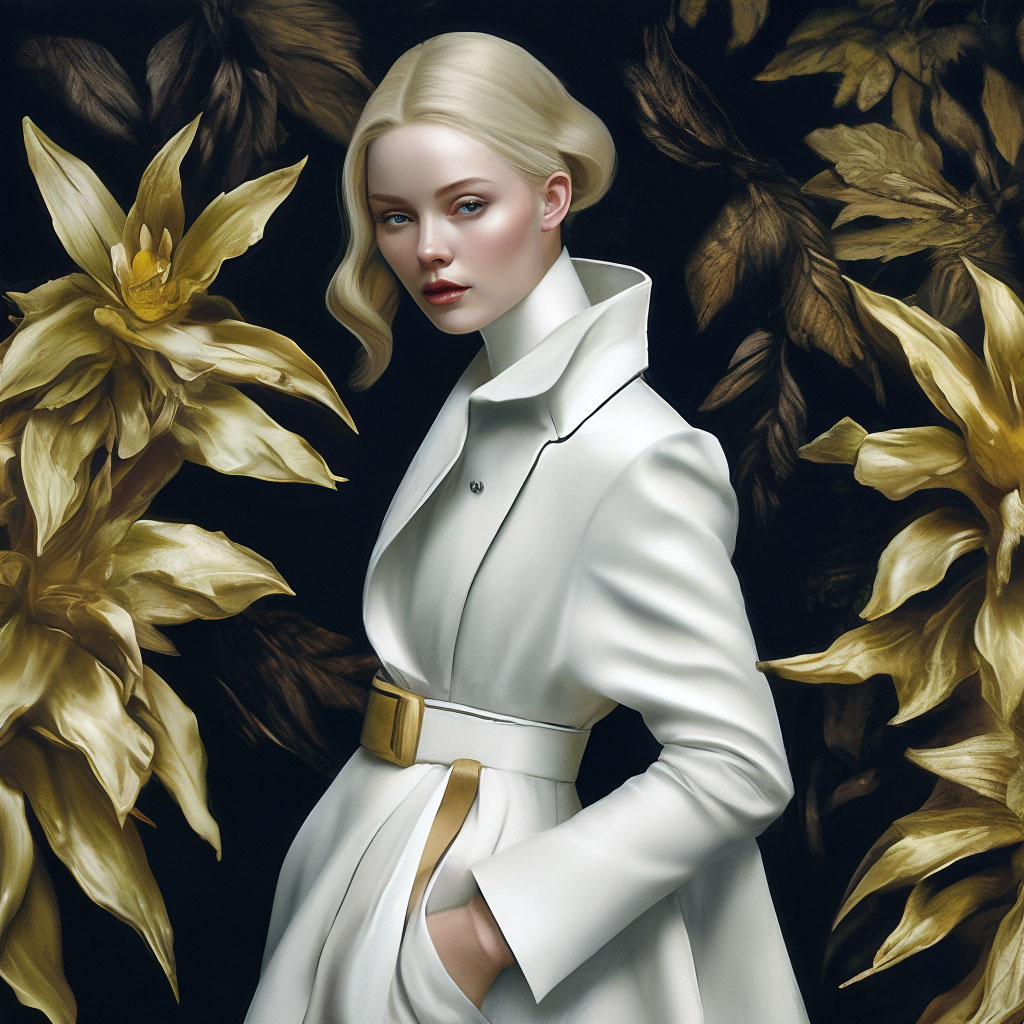 "Vogue Elfie poses in a white-gold lily trench coat, high detail, far ...