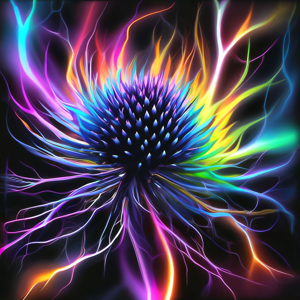 "Black Plasma , thistle, dark botanical art, drawing with thin luminous ...