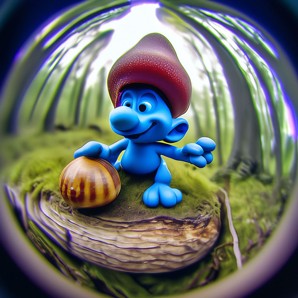 "Smurf goes snail hunting on a tree log with a mushroom cap" — image ...