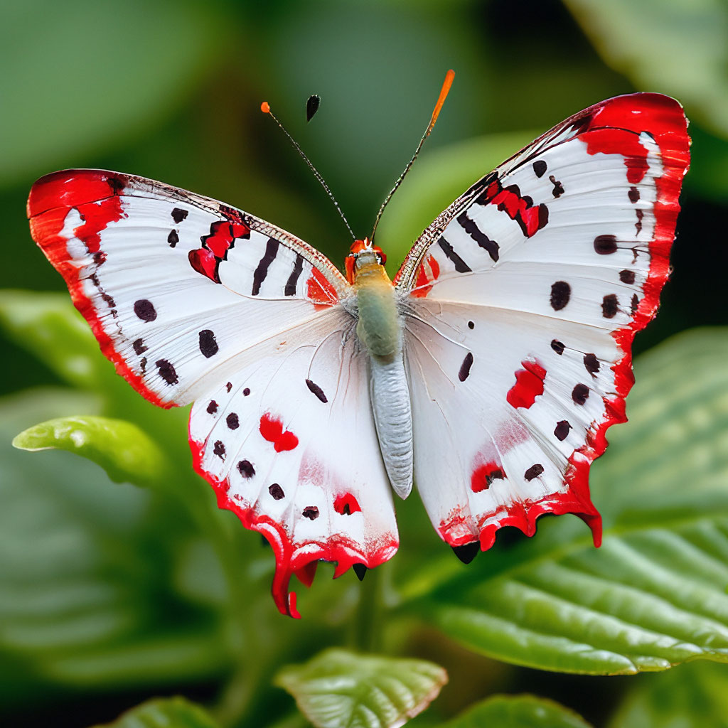 "The butterfly is white with red spots" — image created in Shedevrum