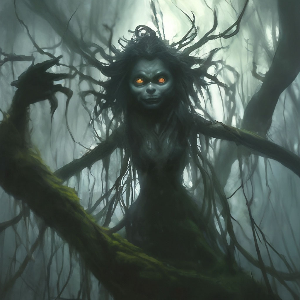 "2 0 2 4 ominous dark forest with huge branches scary kikimora, swamp ...