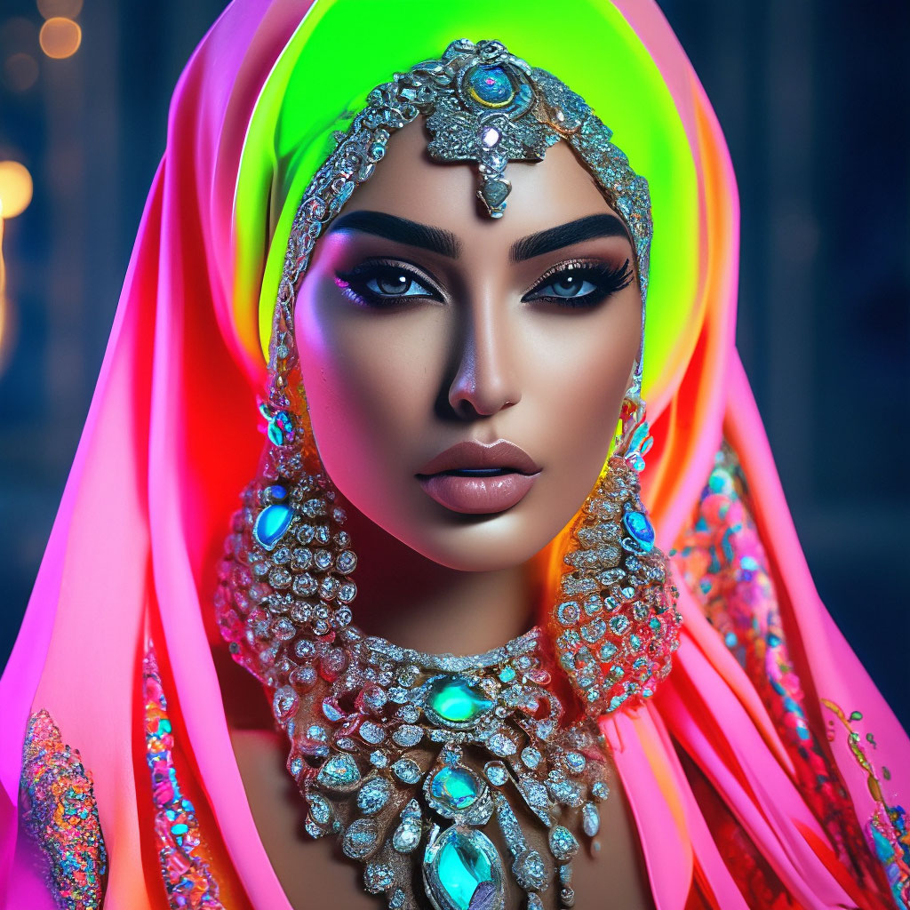 "Bright neon hijab embroidered with stones, luxury jewelry, queen of ...