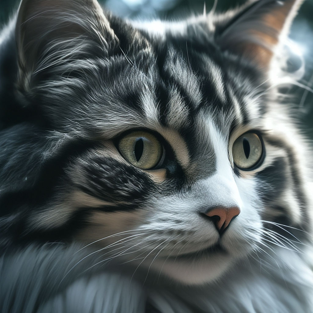 "Hyperrealism cute, old, black and white fluffy cat, with tender eyes ...