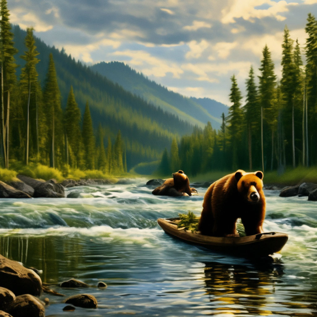 "Siberian stormy river, taiga forest, raft, bears fishing with fishing ...