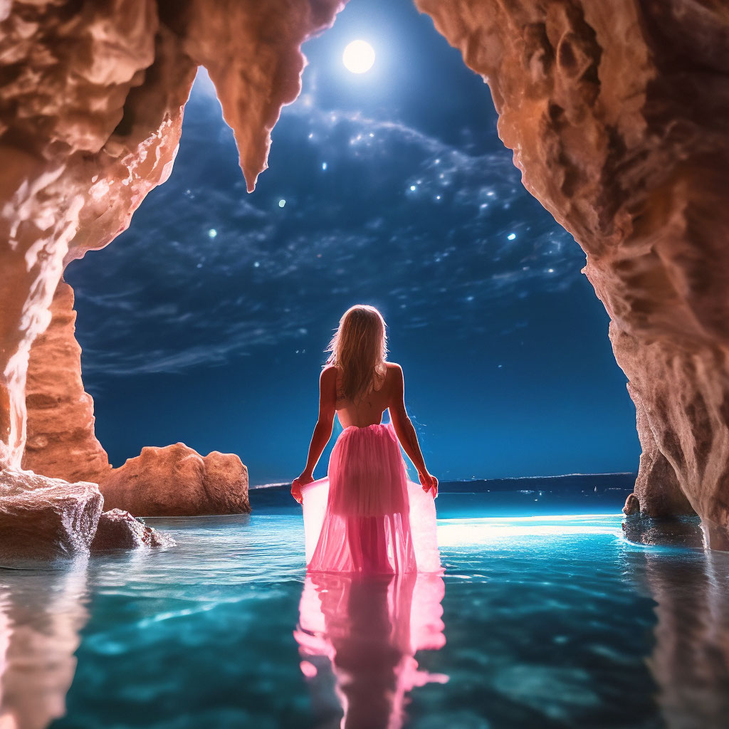 "A girl in a pink dress enters the grotto at night, the sky is dotted ...