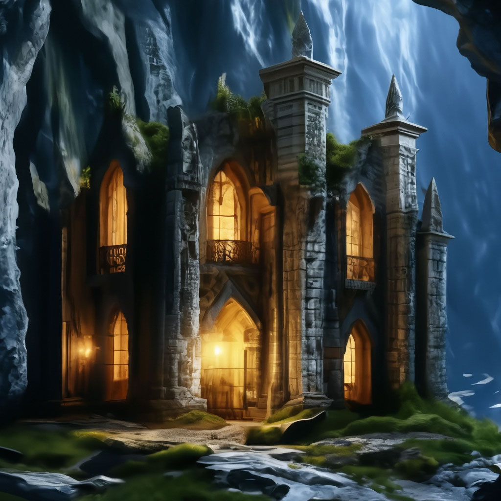 "A ruined and abandoned stone house at the entrance to a large cave ...