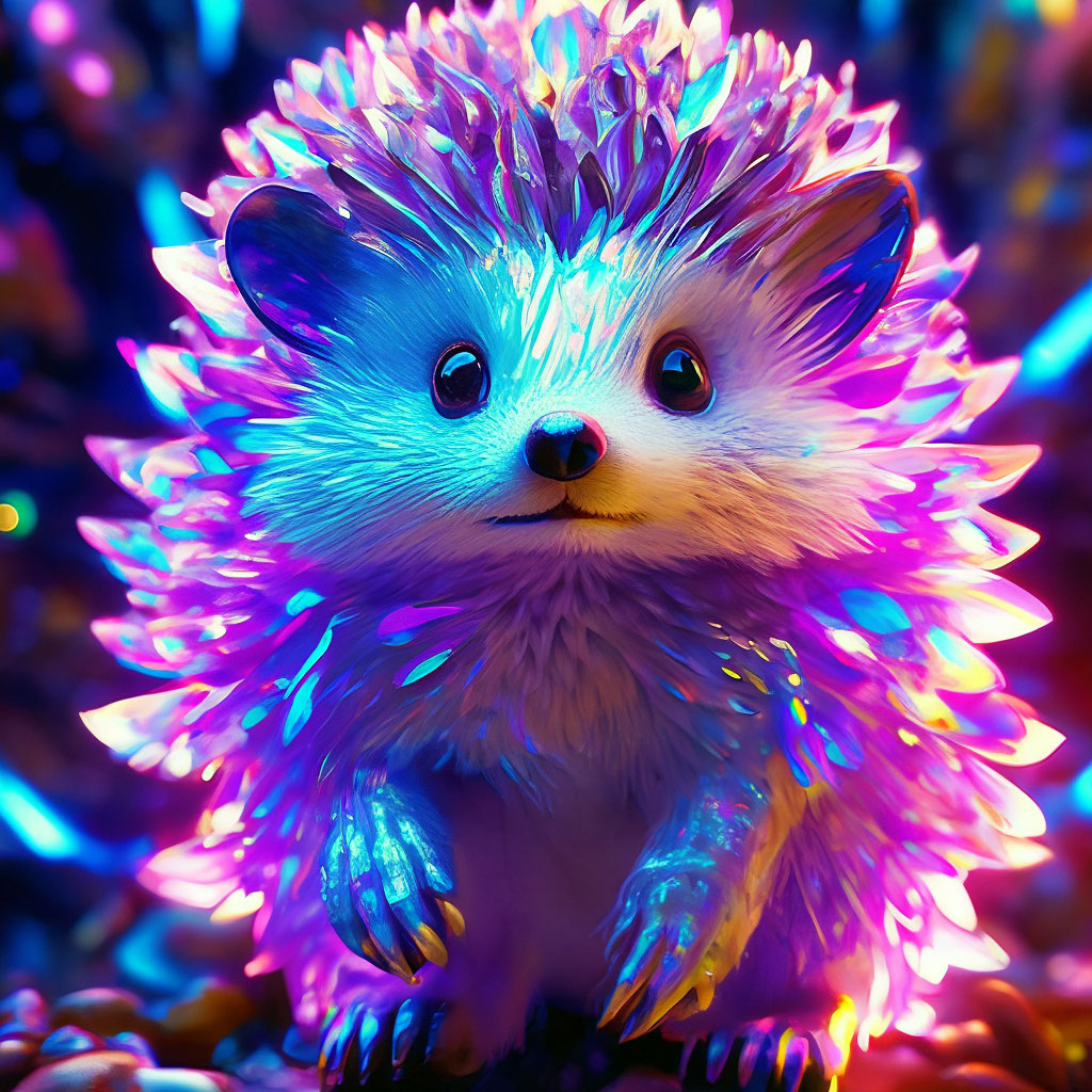 "Hedgehog surrealism, bright purple,neon, iridescent, amethyst fluffy ...