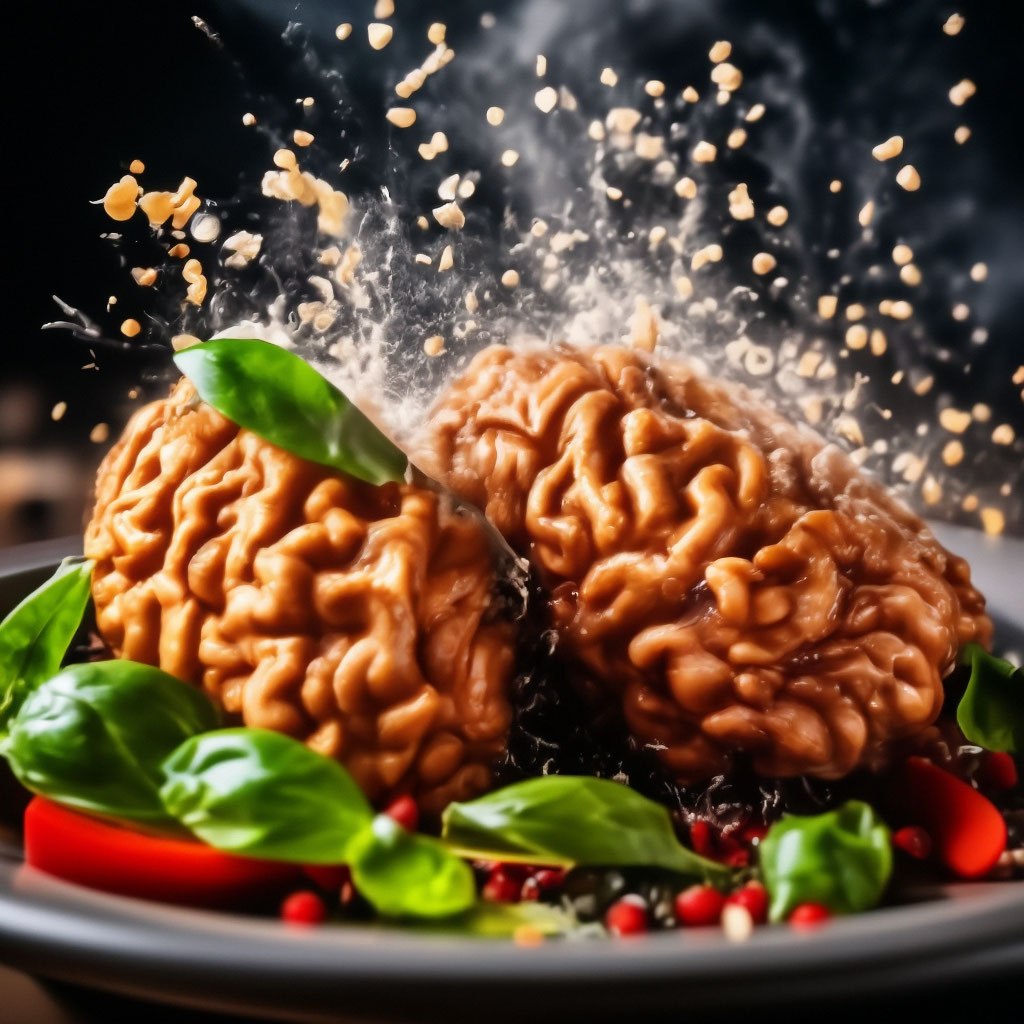 "Fried brains with basil and pepper, high detail, aesthetics, serving ...