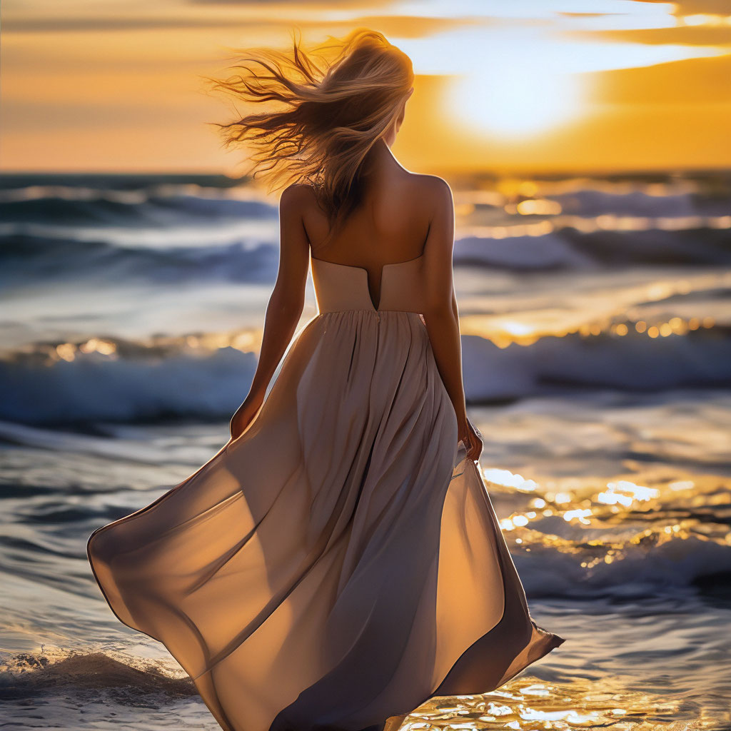 "Beautiful girl in front,sea, waves,sunny, 30 years old, full-length ...