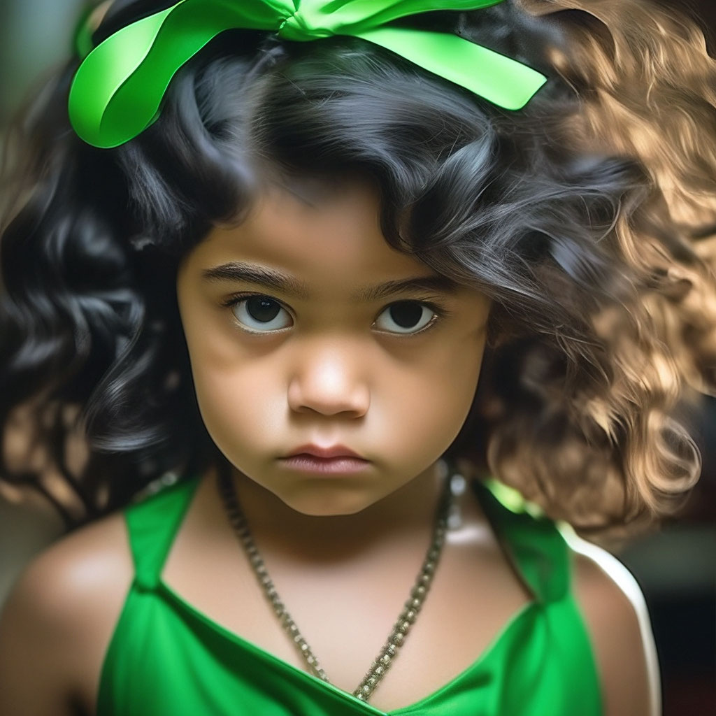 "Dark-haired girl sulkily puffed out her cheeks, frowns, sulks, curls ...