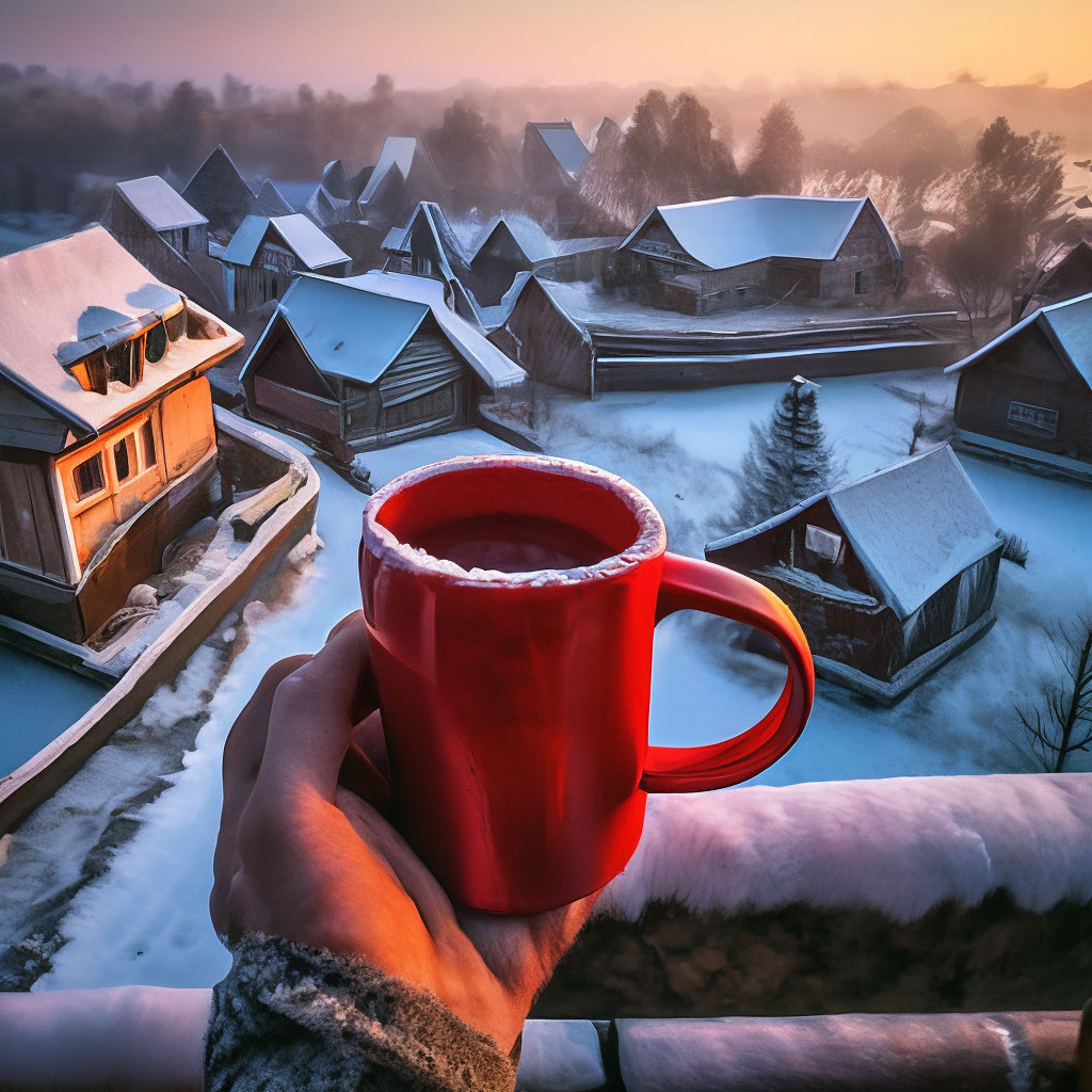 "The hand holds a red mug. frosty morning. lanterns. village. view from ...