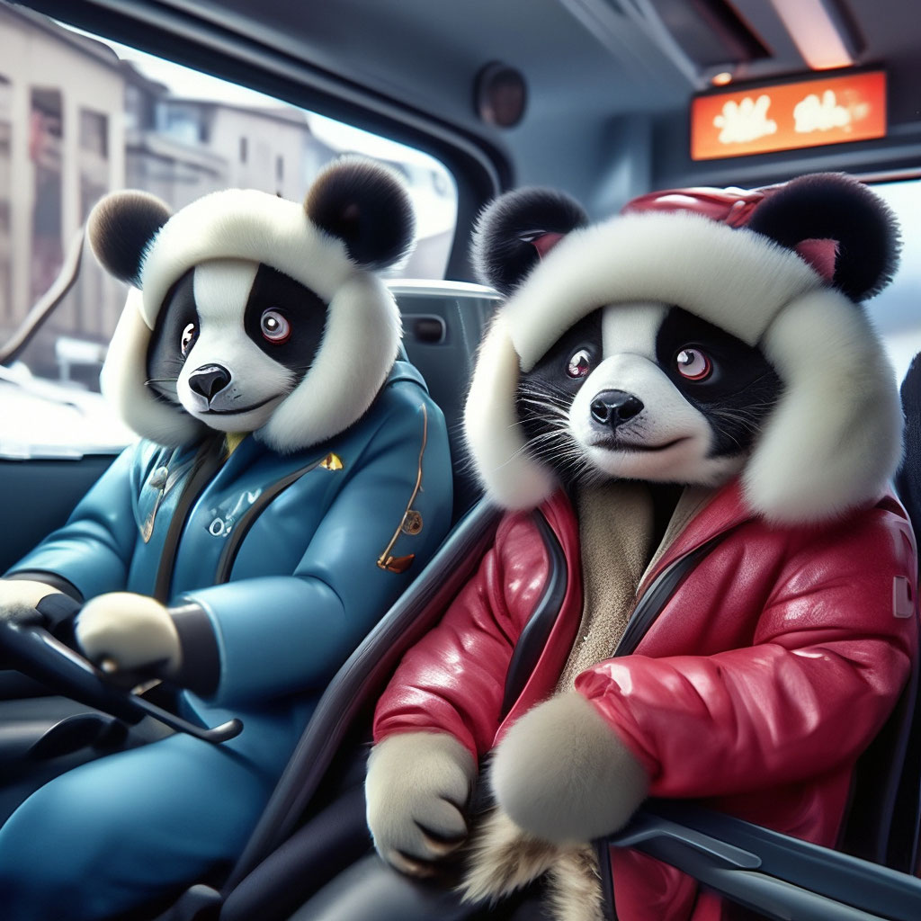 "Realistic panda and Pikachu ride in a taxi, big huge eyes ...
