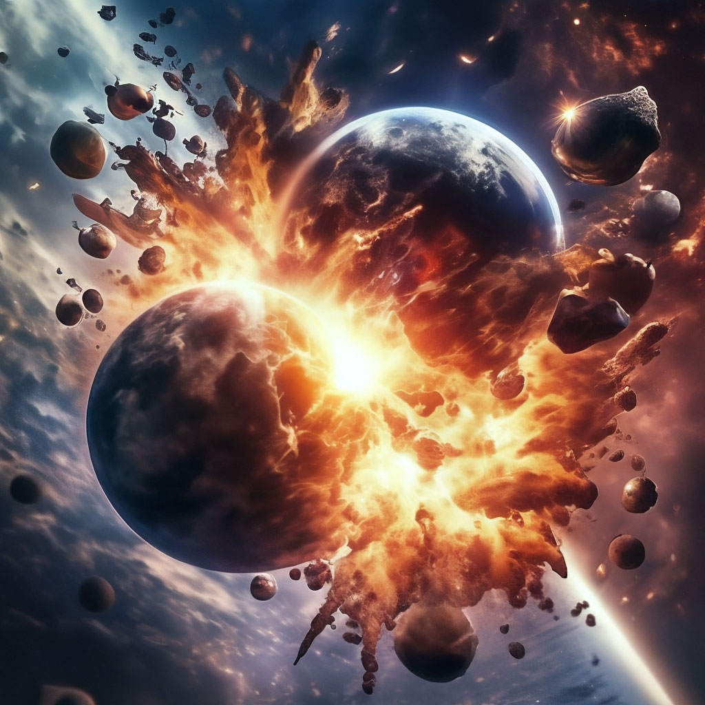 "Collision of planets, explosion, unknown galaxy" — image created in ...