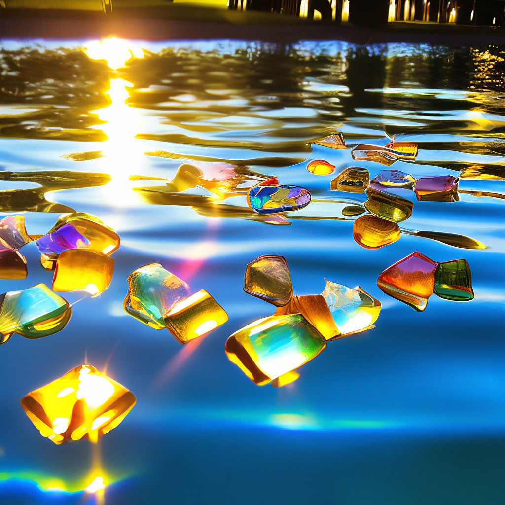"Beautiful shiny pieces of glass float in the pool and are refracted ...