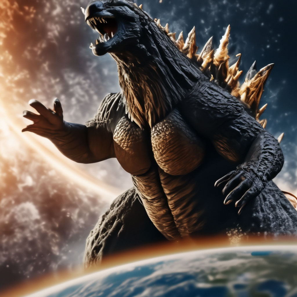 "Godzilla Squeezes the planet and reaches for the solar system,3D,64K ...