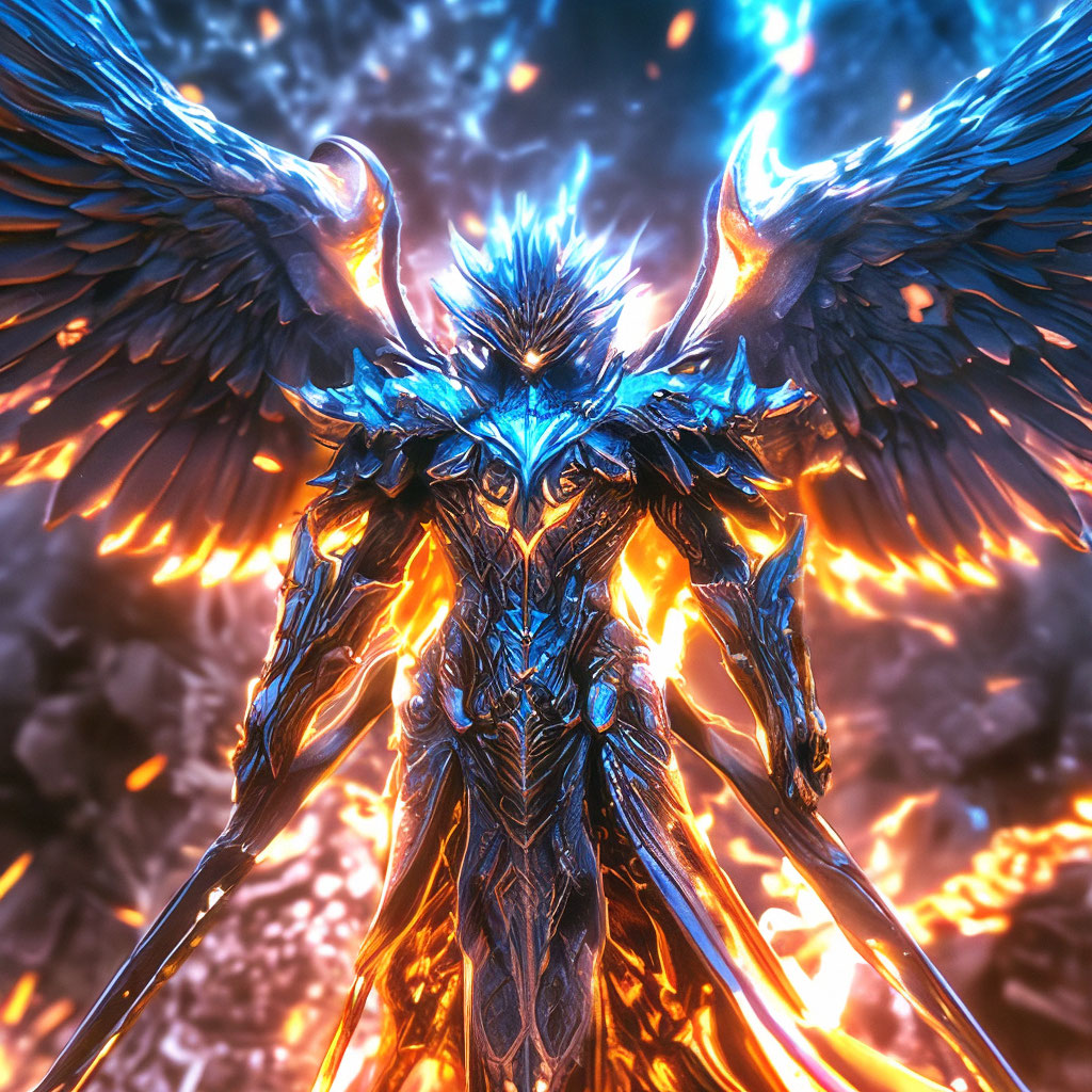 "Archangel with azure aura won the battle with the necromancer, horror ...