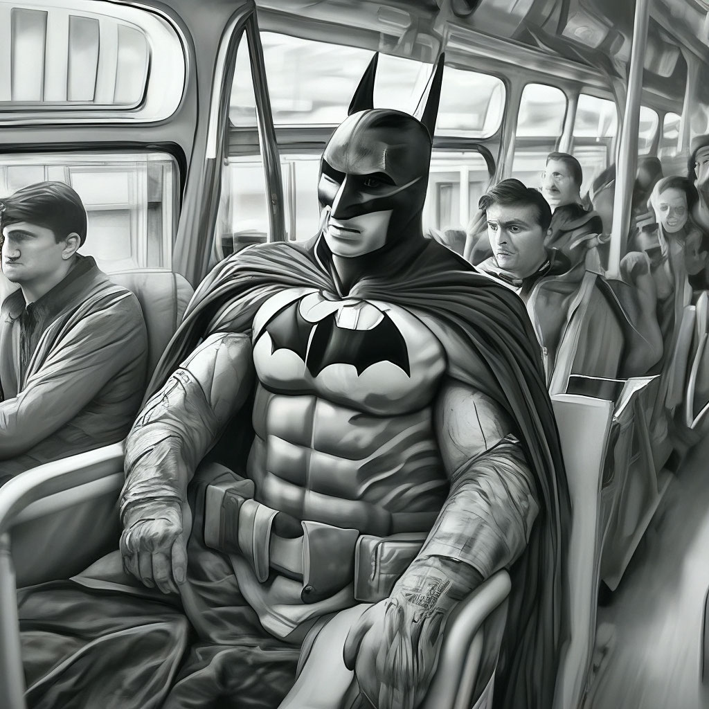 "Batman rides in a full bus in Soviet times" — image created in Shedevrum