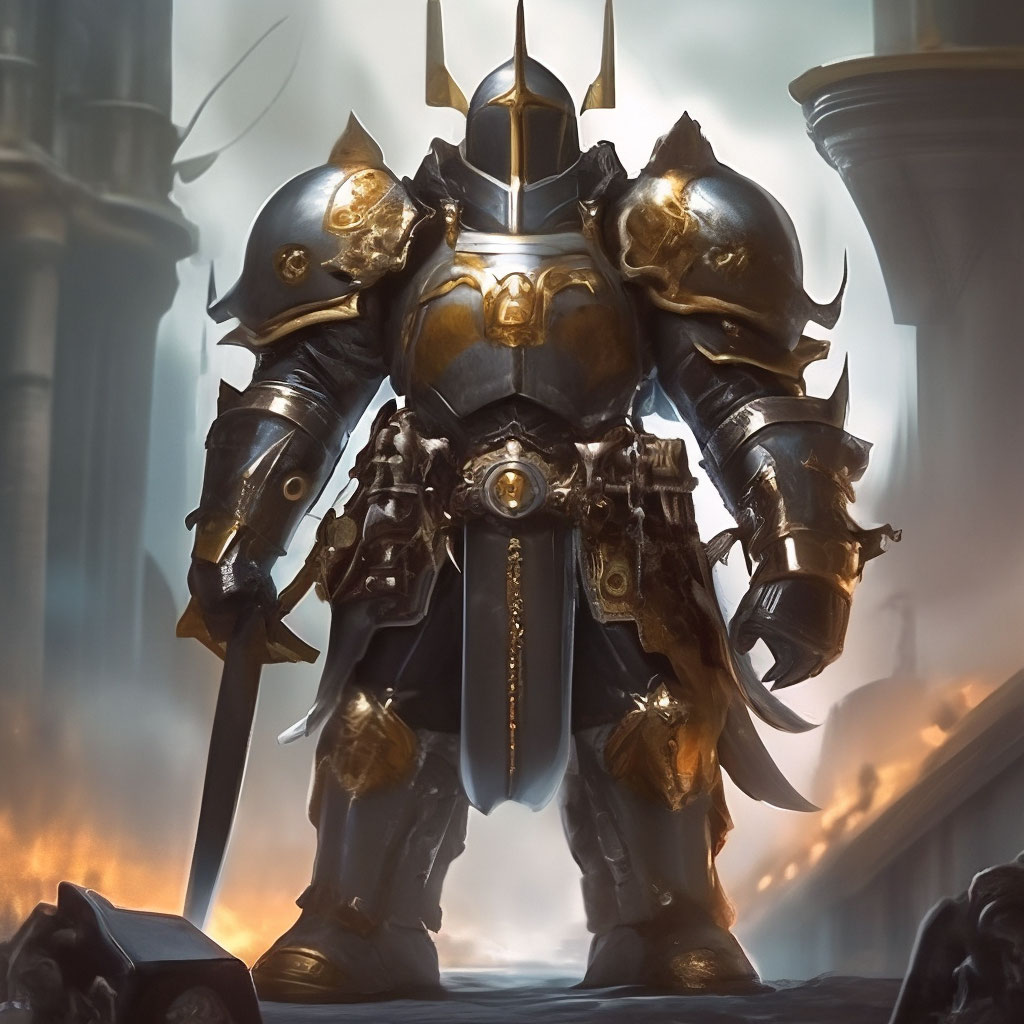 "Giant knight in super heavy armor" — image created in Shedevrum