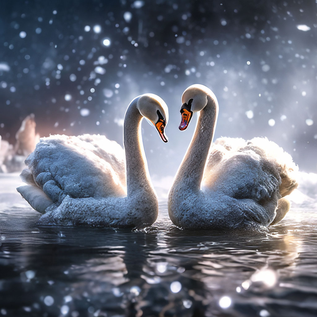 "Hyperrealism, very beautiful,white pair of swans, with a chestnut tint ...