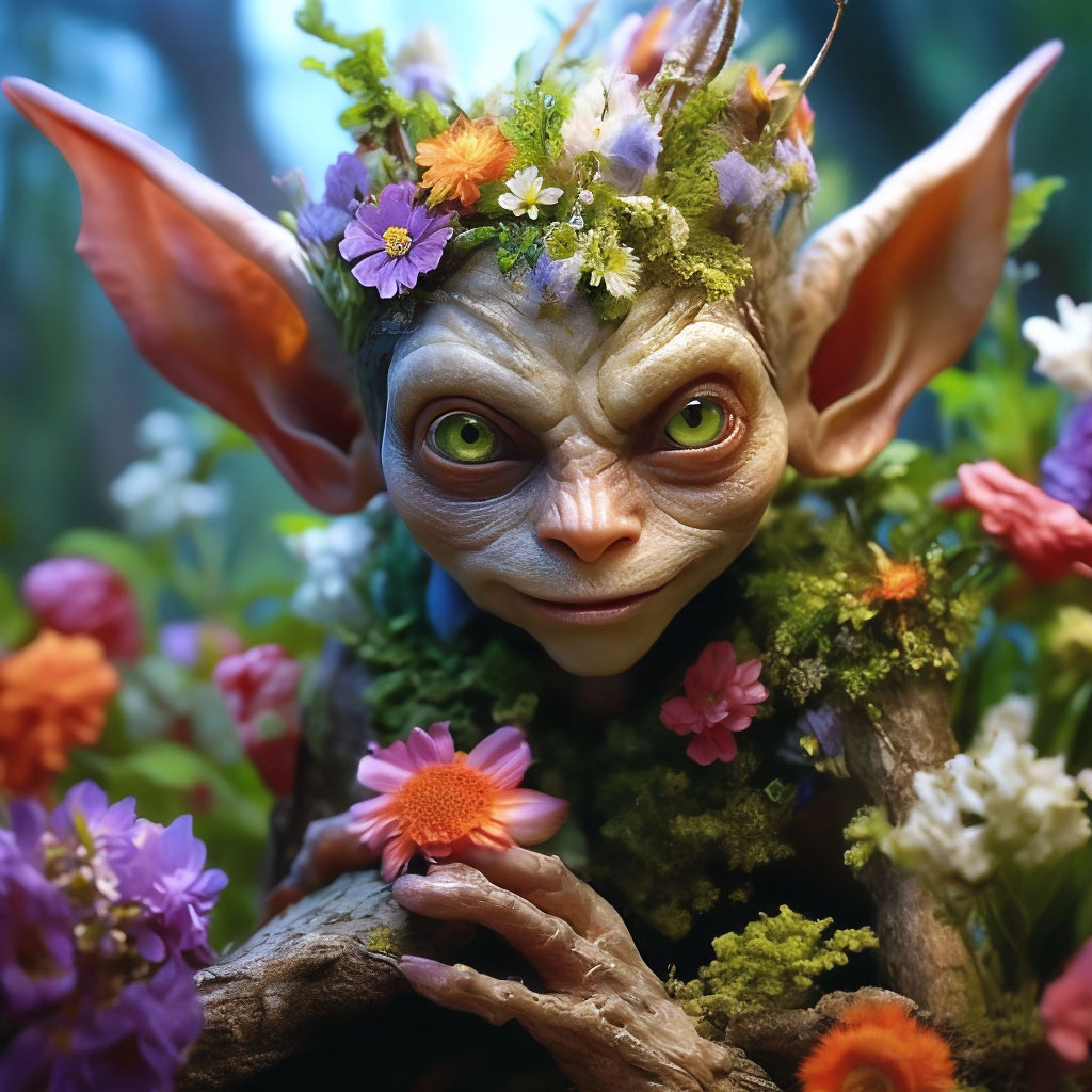 "Hyperrealism, goblin of flowers, plants and branches, beautiful eyes ...