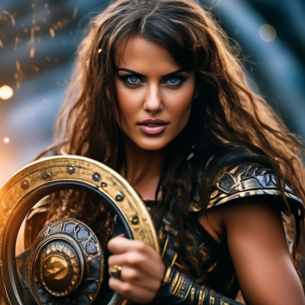 "Beautiful xena warrior queen, chakram in her hands, screaming, deep ...